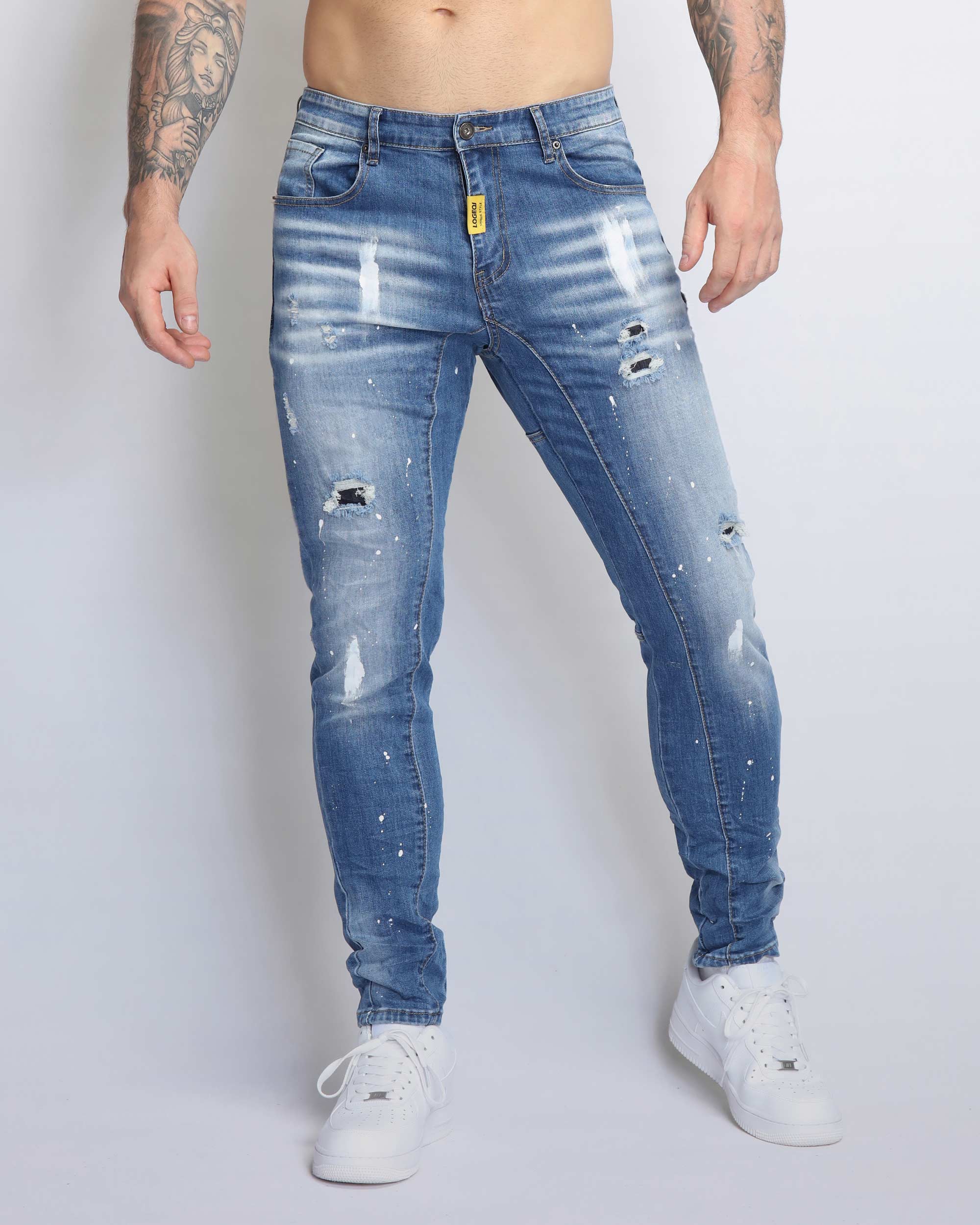 Blue Ripped Jeans with White Paint Splatter & Black Patches | LOGEQI