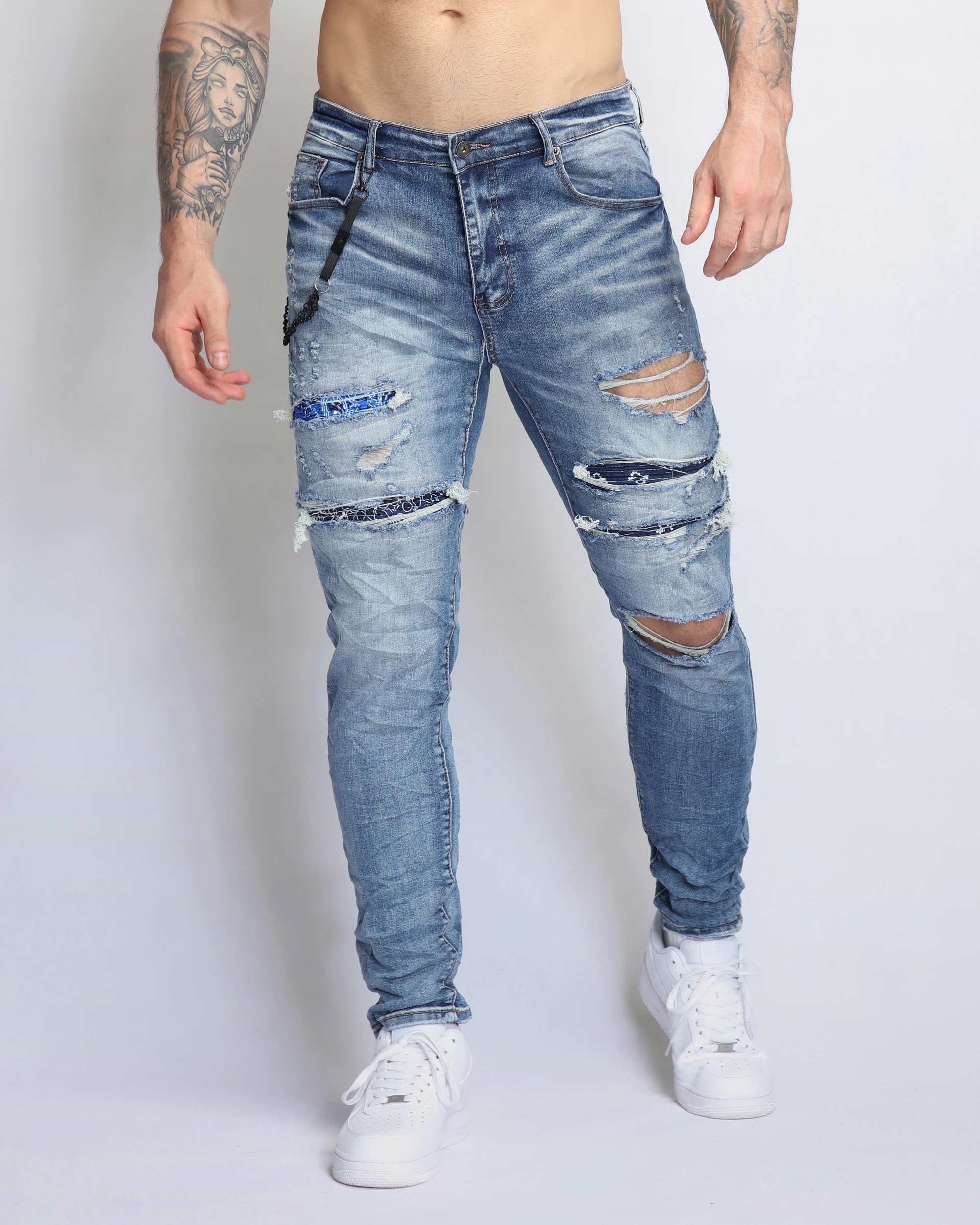 Shop Men's Cashew Blossom Patch Blue Ripped Jeans - Slim-Fit | LOGEQI
