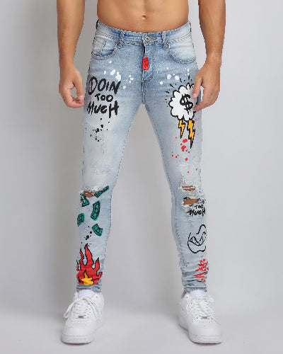 Men's Anime-Inspired Blue Ripped Blue Jeans with Splatters | LOGEQI