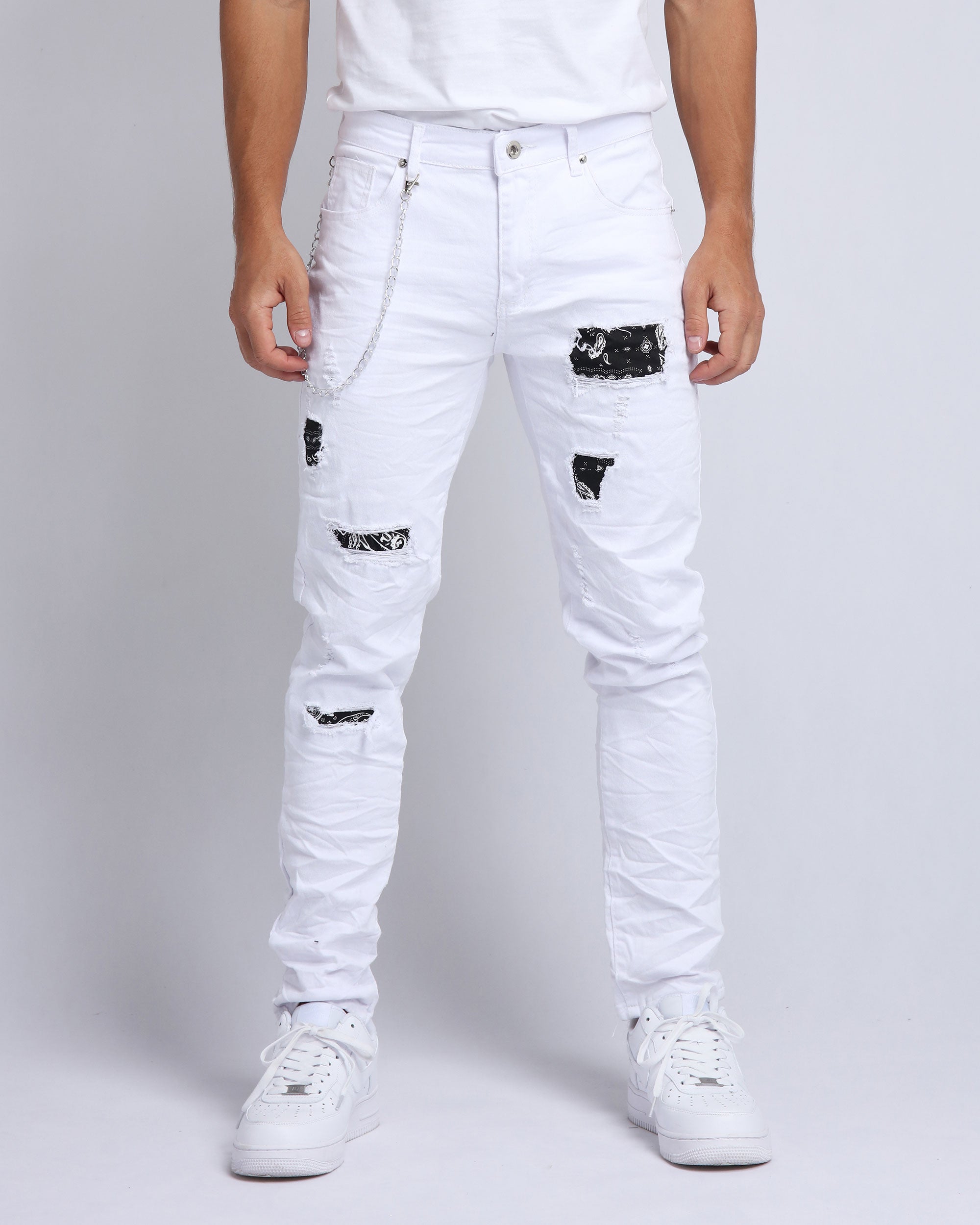 Men's Graffiti Patch Slim Fit Ripped White Jeans(Mexico Local Delivery ...
