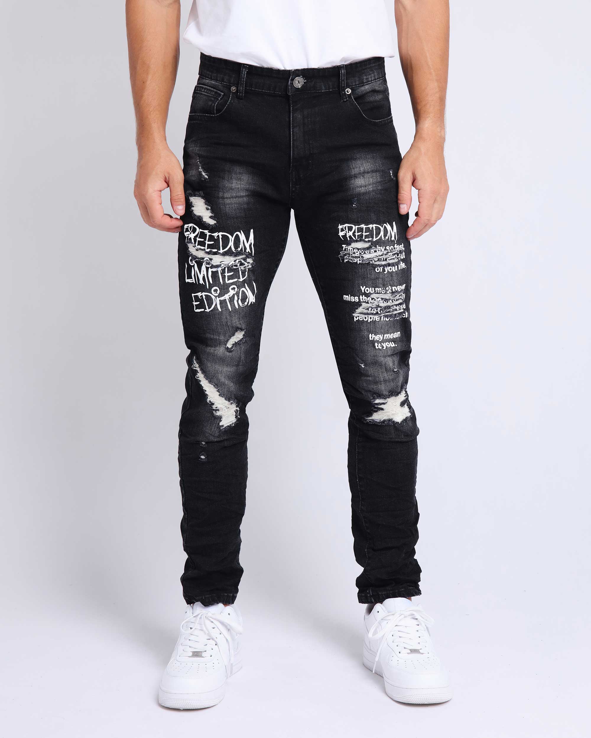 Men's Gothic Graffiti Slim Fit Ripped Black Jeans(Mexico Local Delivery ...