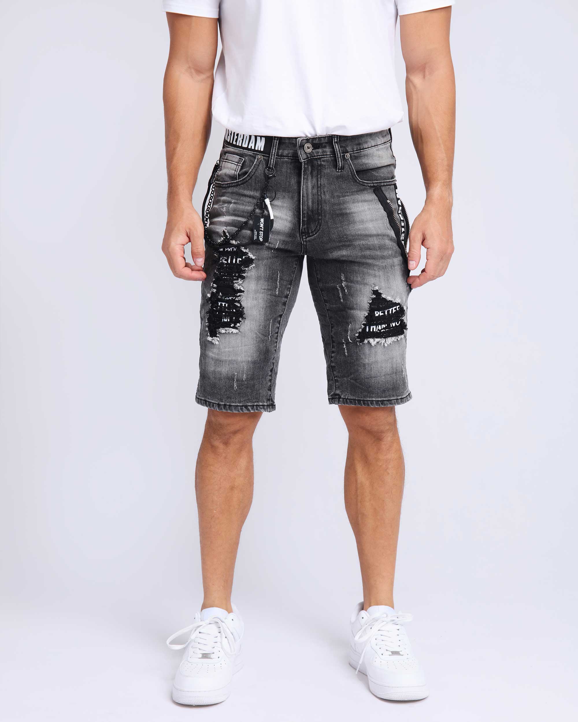 Men's Printed Webbing Patch Black Ripped Denim Shorts(Mexico Local ...